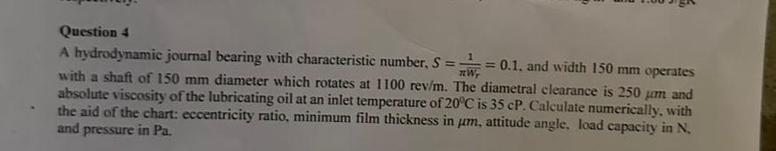 Solved Question 4 A hydrodynamic journal bearing with | Chegg.com