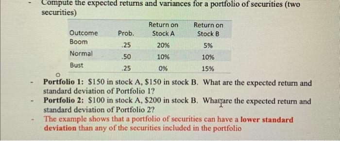 Solved Compute the expected returns and variances for a | Chegg.com