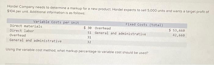 Solved Hordel Company needs to determine a markup for a new | Chegg.com
