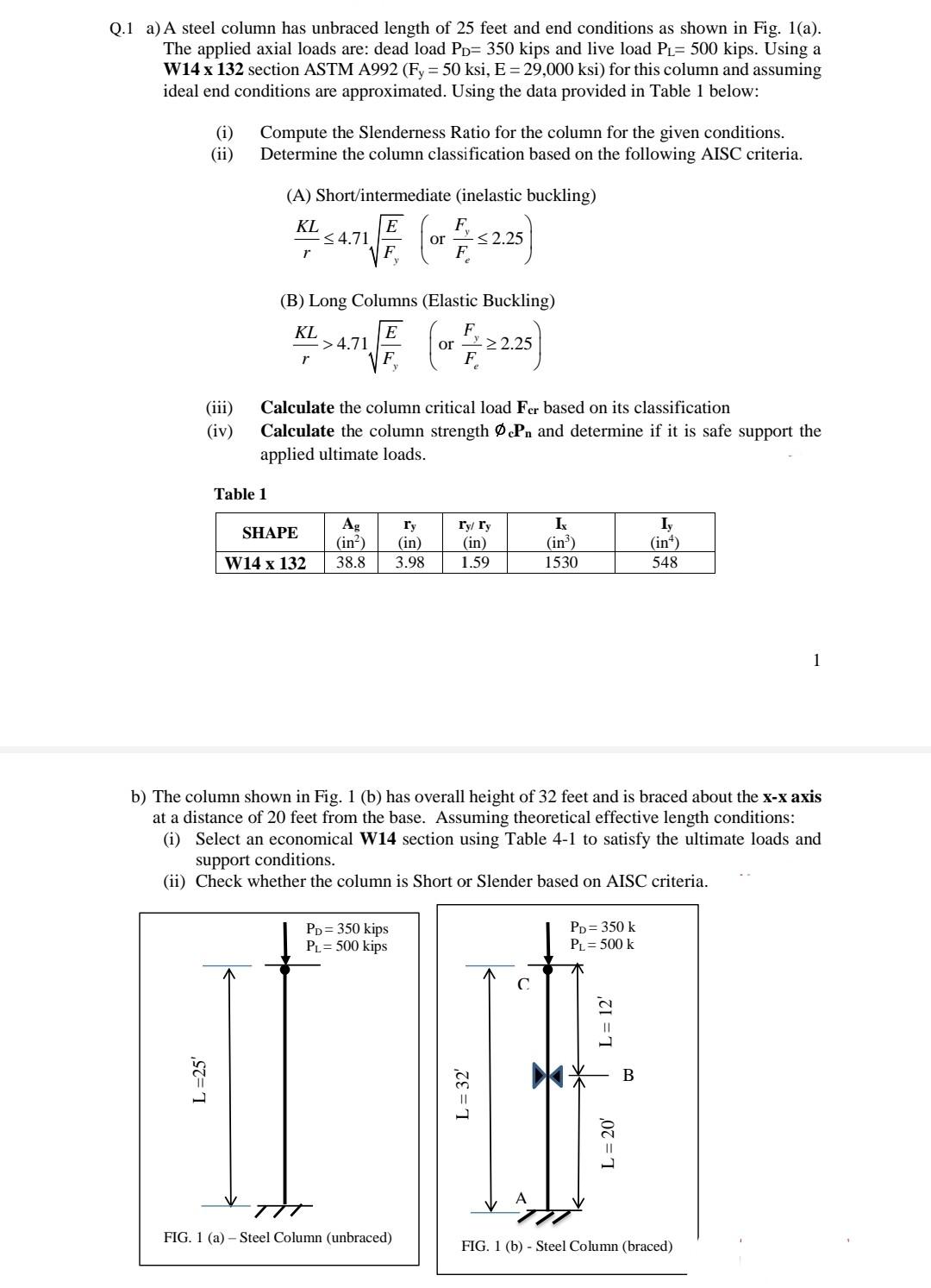 Solved a) A steel column has unbraced length of 25 feet and | Chegg.com