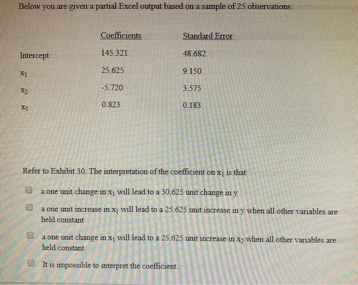 Solved Below you are given a partial Excel output based on a | Chegg.com