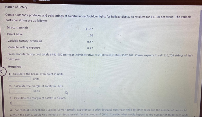 Solved Margin of Safety Comer Company produces and sells | Chegg.com