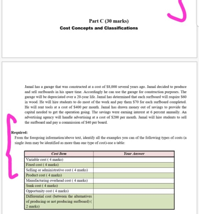 Solved Part C (30 marks) Cost Concepts and Classifications | Chegg.com