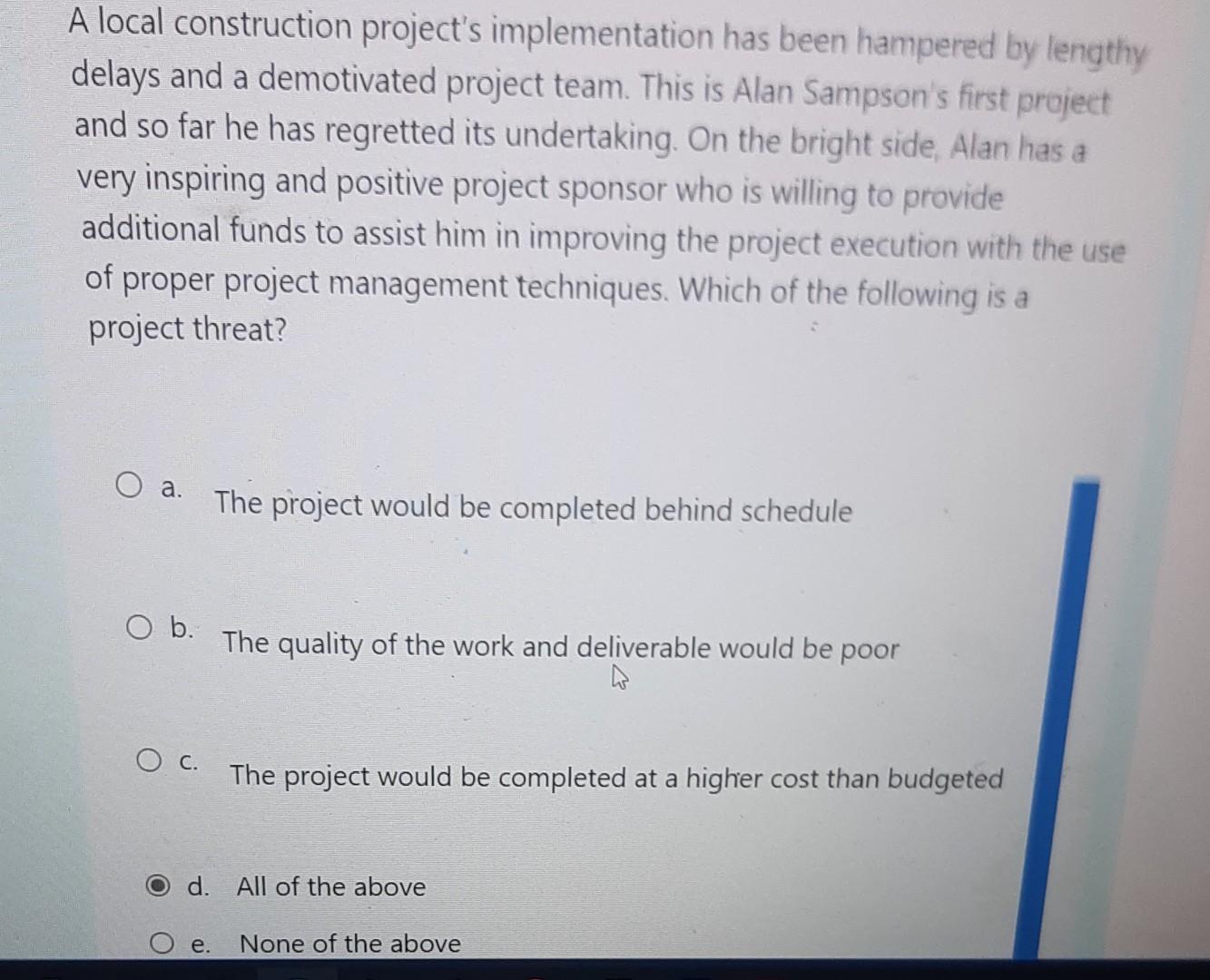 Solved A local construction project's implementation has | Chegg.com