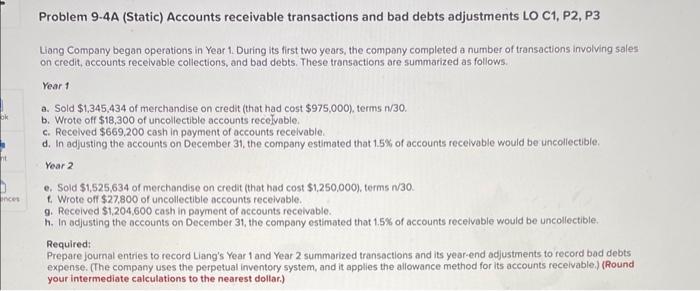 Solved Problem 9.4A (Static) Accounts receivable | Chegg.com
