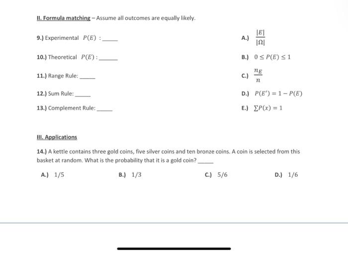 Solved II. Formula matching - Assume all outcomes are | Chegg.com