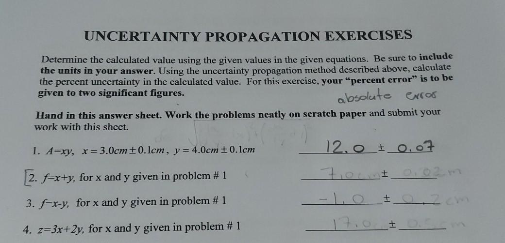 Solved UNCERTAINTY PROPAGATION EXERCISES Determine the | Chegg.com