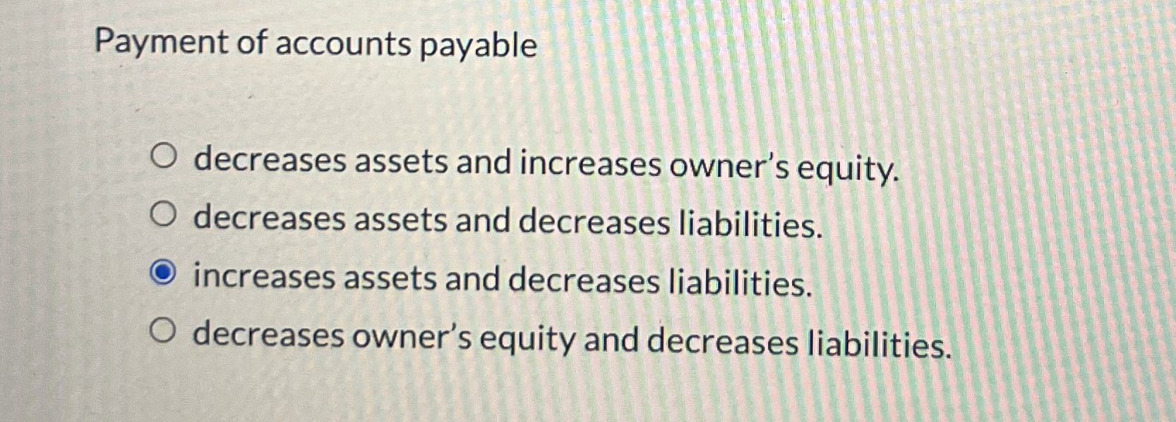 Solved Payment of accounts payabledecreases assets and | Chegg.com