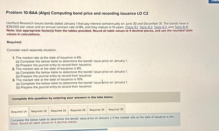 Solved Problem 10-8AA (Algo) Computing bond price and | Chegg.com