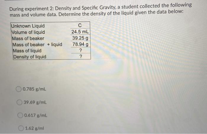 Solved During experiment 2: Density and Specific Gravity, a | Chegg.com