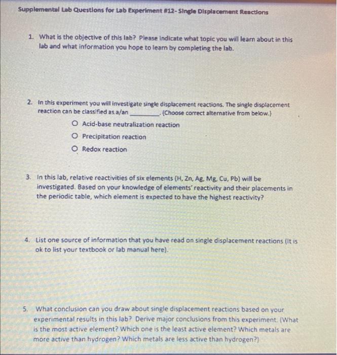 Supplemental Lab Questions for Lab Experiment | Chegg.com