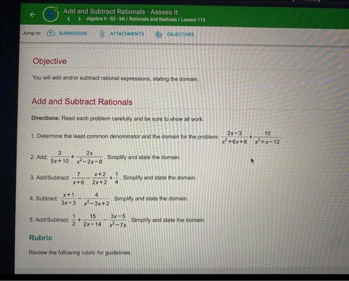 Solved Add and Subtract Rationals - Assess It Algebra II | Chegg.com
