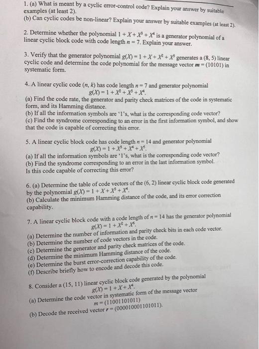 Solved 1 A What Is Meant By A Cyclic Error Control Code