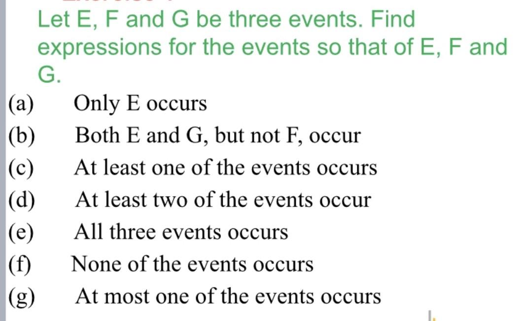 Solved Let E,F and G be three events. Find expressions for | Chegg.com