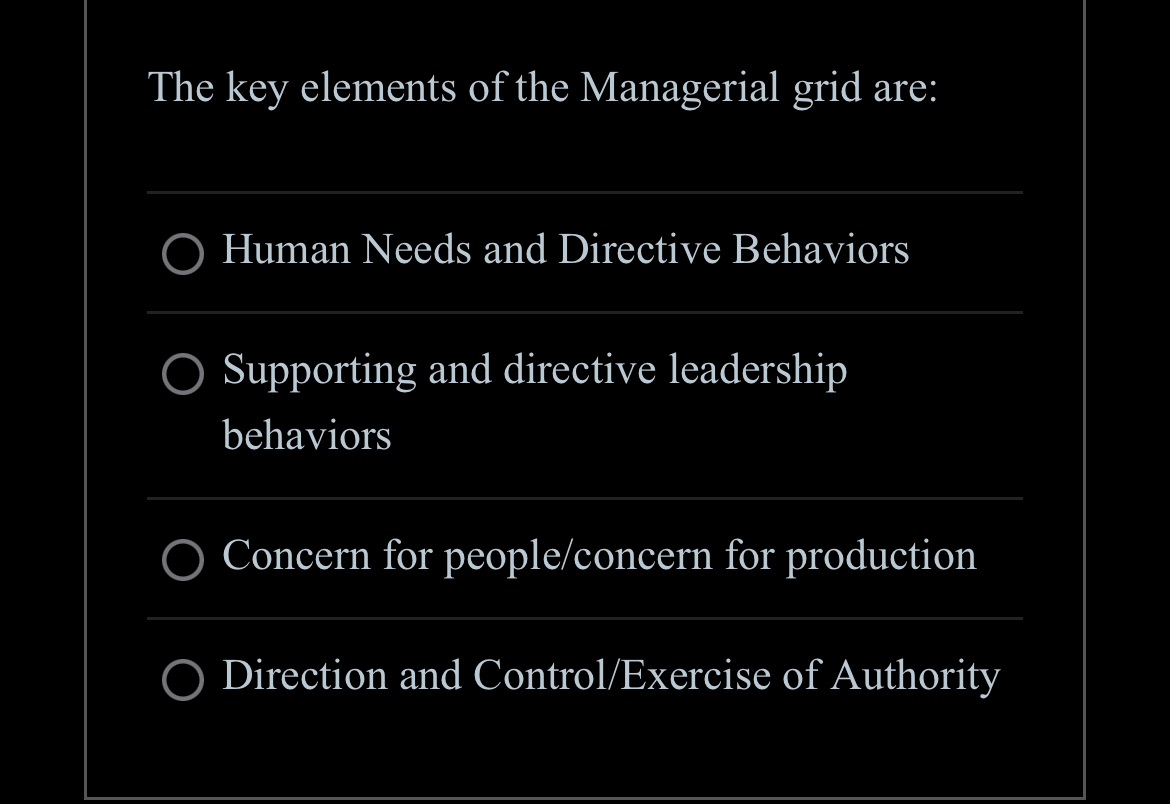 Solved The key elements of the Managerial grid are:Human | Chegg.com