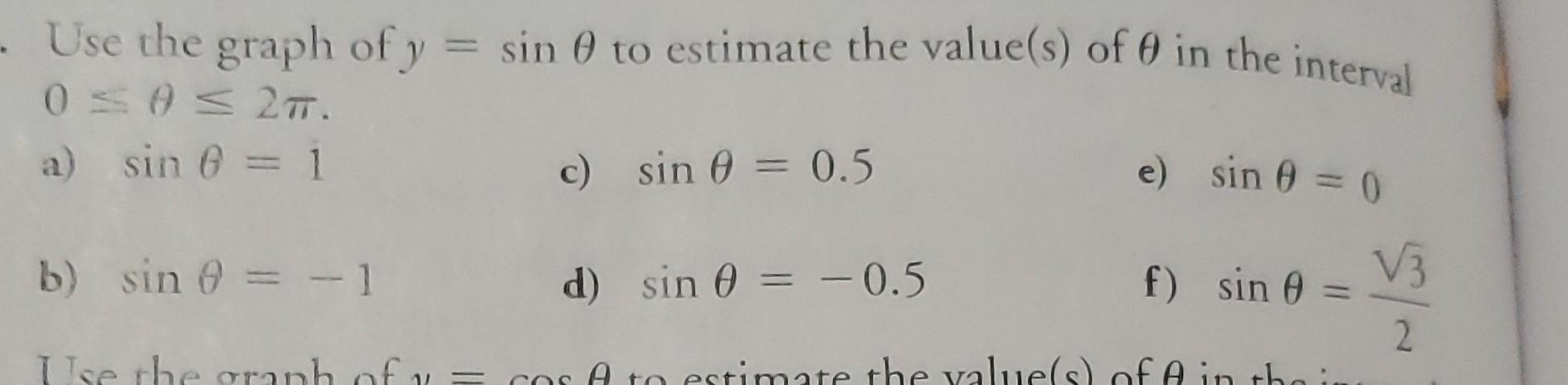 Solved Use the graph of y=sinθ to estimate the value(s) of θ | Chegg.com