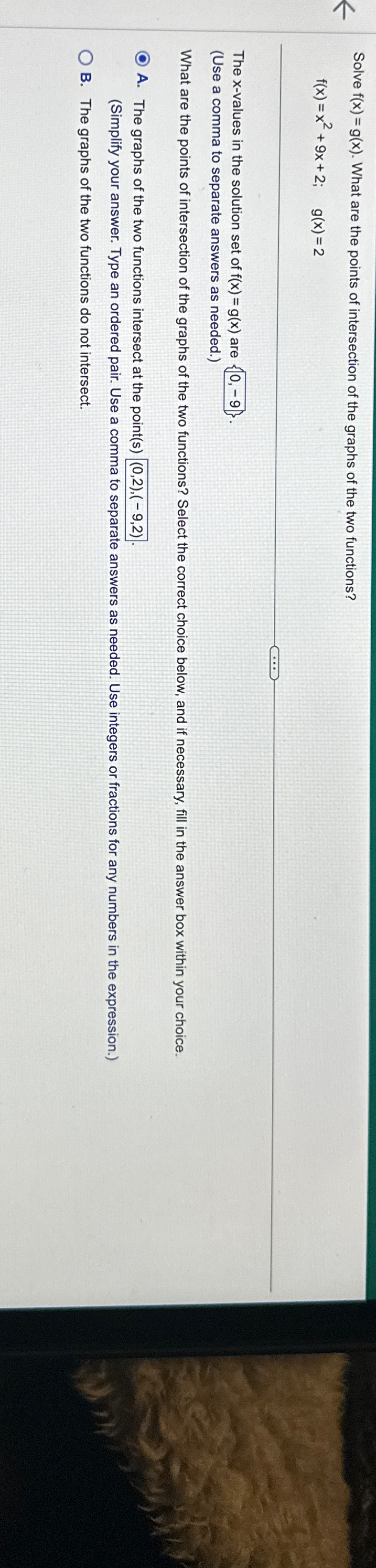 Solved Solve f(x)=g(x). ﻿What are the points of intersection | Chegg.com