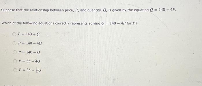Solved Suppose that the relationship between price, P, and | Chegg.com