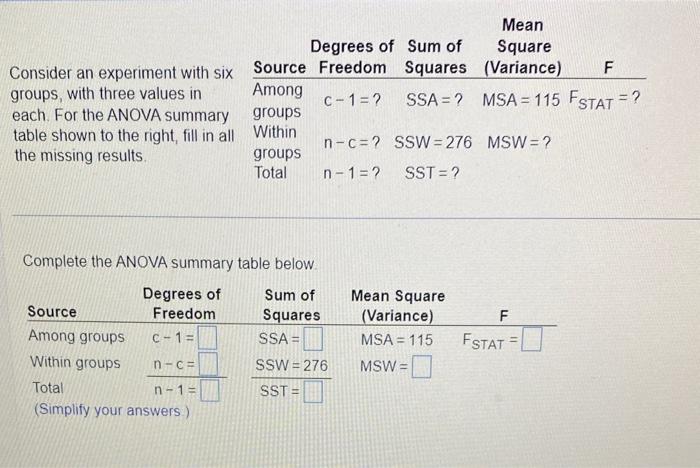Solved Consider an experiment with six groups, with three | Chegg.com