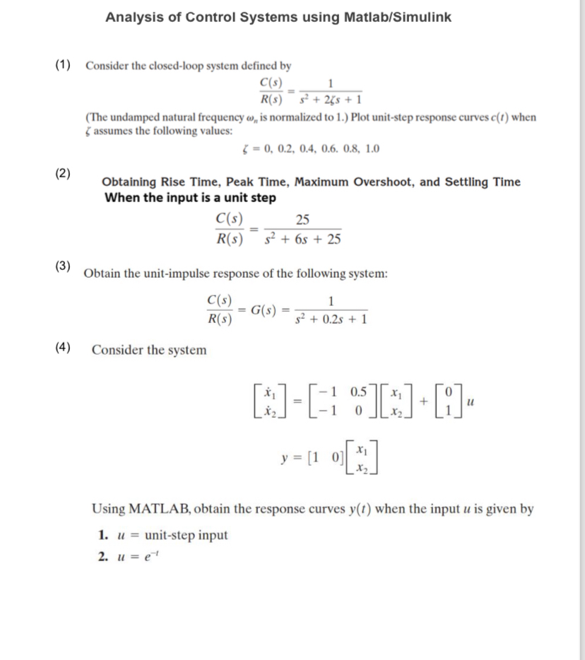 Solved Analysis of Control Systems using Matlab/Simulink(1) | Chegg.com
