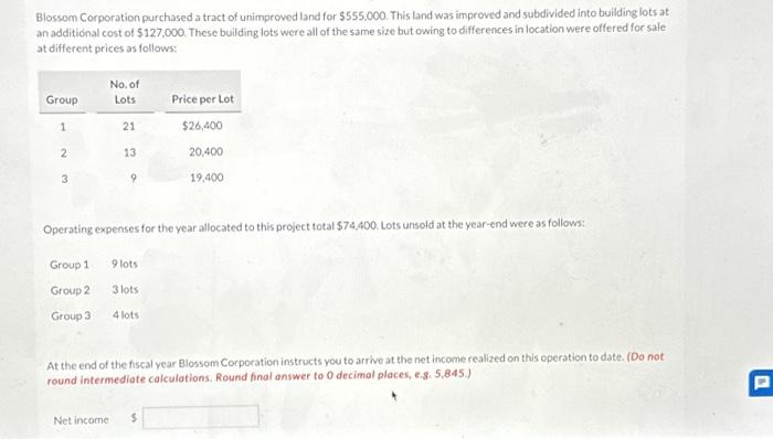 Solved Blossom Corporation purchased a tract of unimproved | Chegg.com