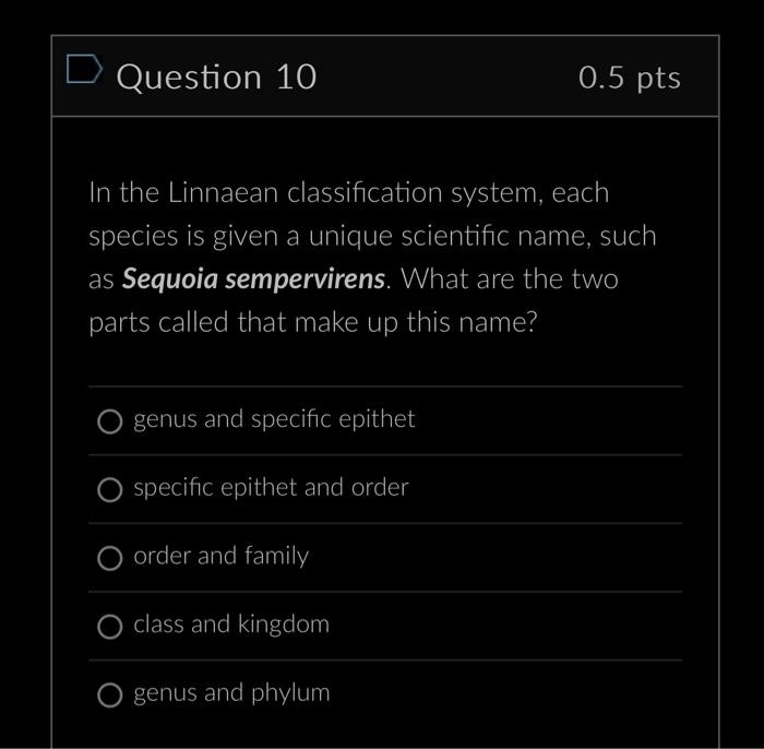 Solved In the Linnaean classification system, each species | Chegg.com