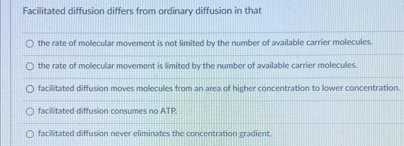 Solved Facilitated diffusion differs from ordinary diffusion | Chegg.com