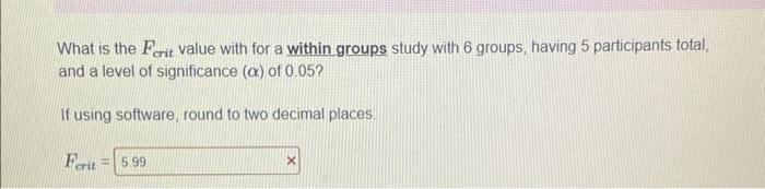 Solved What is the Fcrit value with for a within groups | Chegg.com