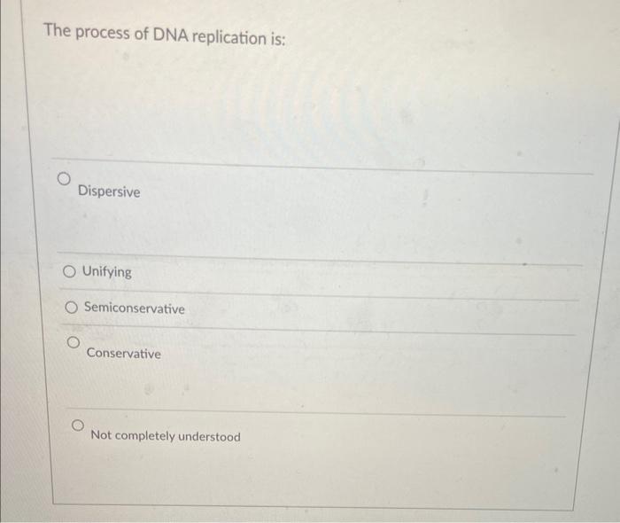 Solved The process of DNA replication is: Dispersive | Chegg.com