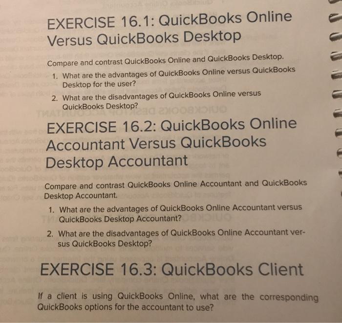Solved EXERCISE 16.1: QuickBooks Online Versus QuickBooks | Chegg.com