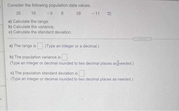 Solved Consider the following population data values. 26 16 | Chegg.com