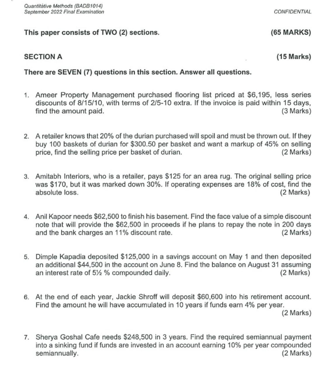 Solved Quantitative Methods (BADB1014) September 2022 Final | Chegg.com