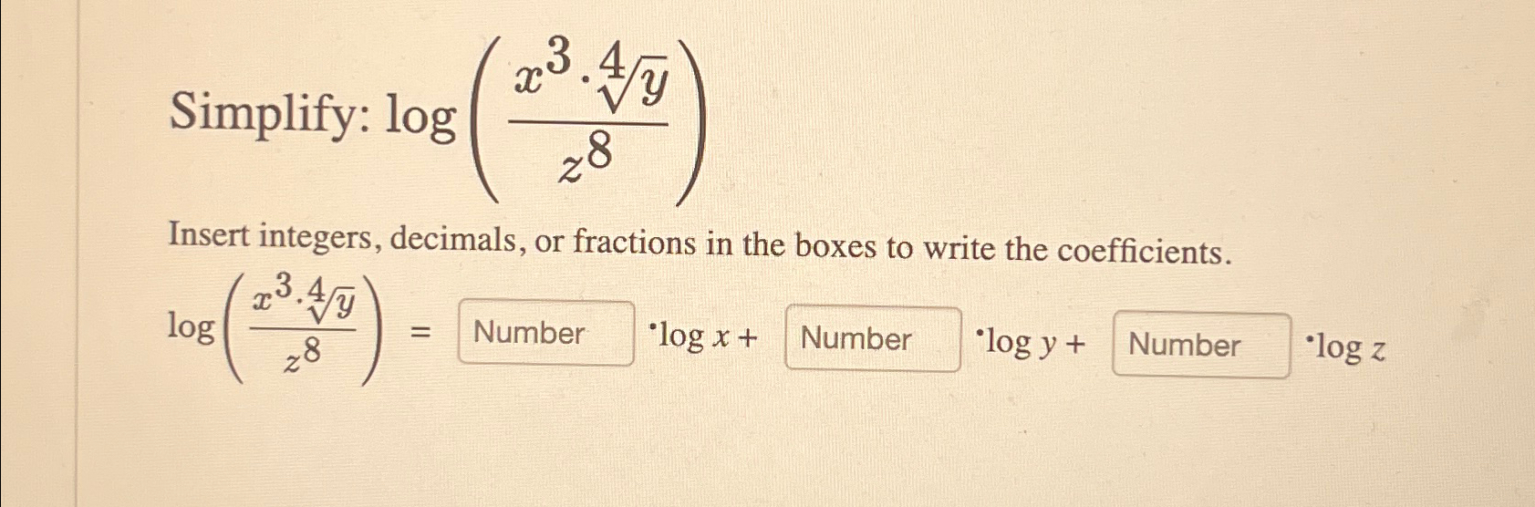 Solved Simplify: log(x3*y4z8)Insert integers, decimals, or | Chegg.com