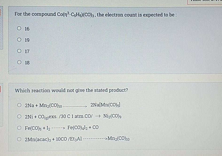 Solved For the compound Co(n3-C3H5)(CO)3, the electron count | Chegg.com