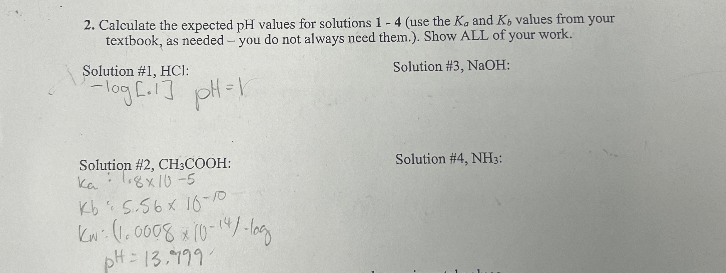 Calculate the expected pH ﻿values for solutions | Chegg.com