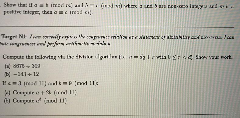 Solved Show that if a≡b(modm) and b≡c(modm) where a and b | Chegg.com