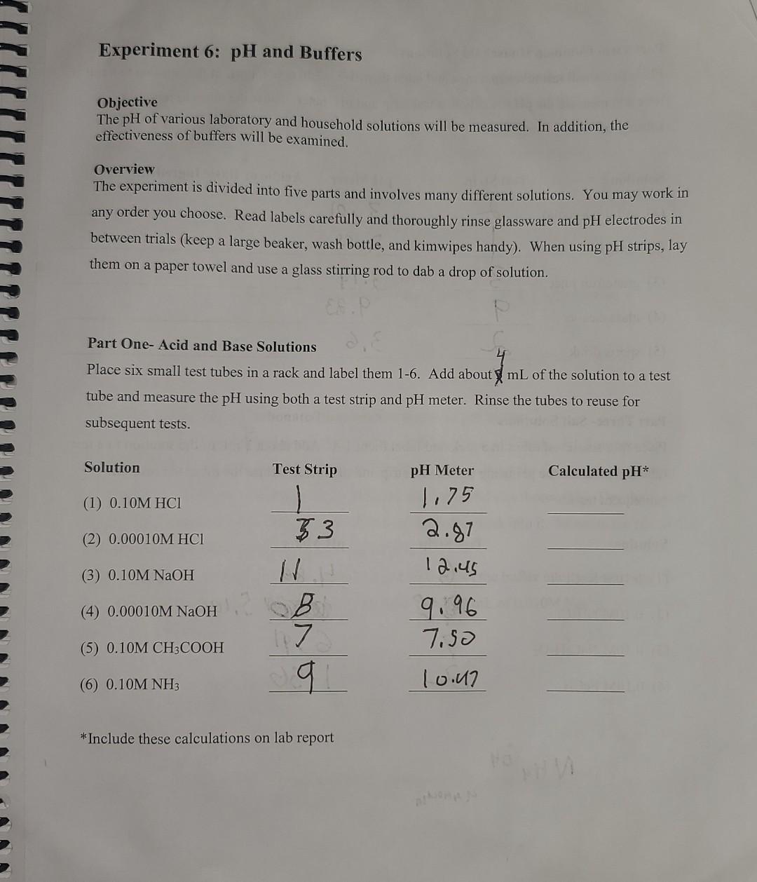 Experiment 6: pH and Buffers Objective The pH of | Chegg.com