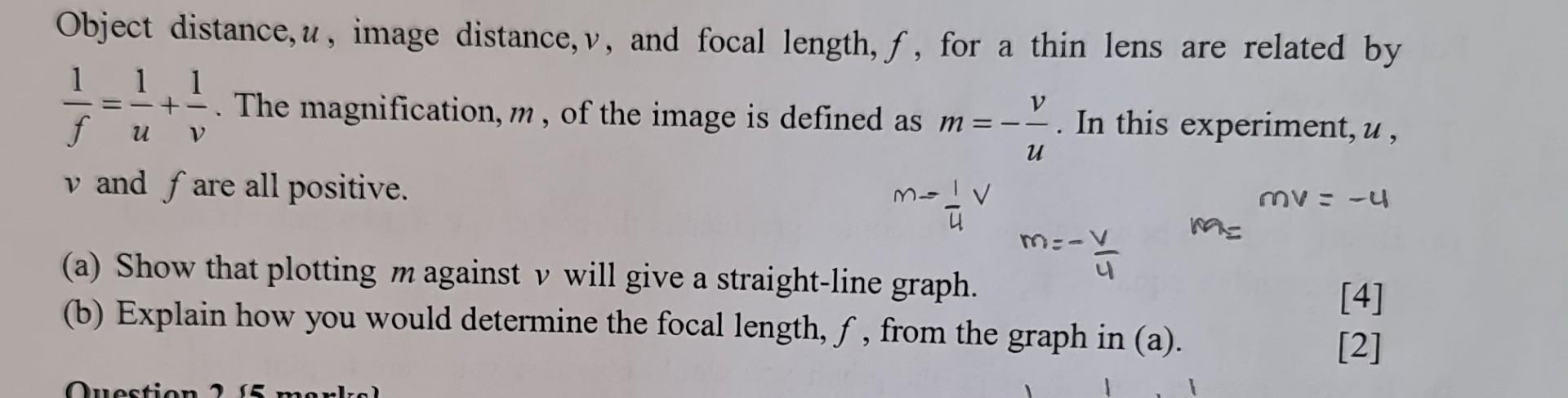 Solved Object distance, u, image distance, v, and focal | Chegg.com