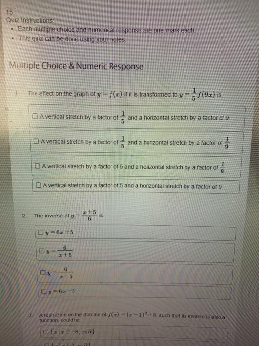 Solved 15 Quiz Instructions Each multiple choice and | Chegg.com