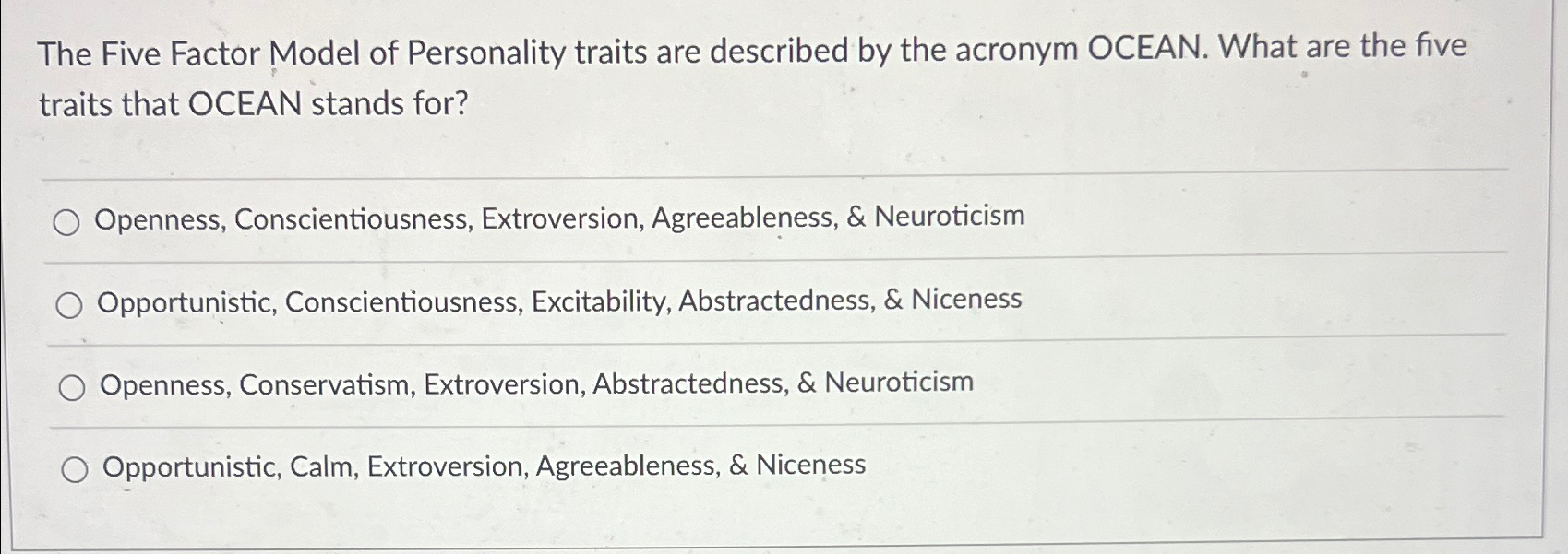 Solved The Five Factor Model of Personality traits are | Chegg.com