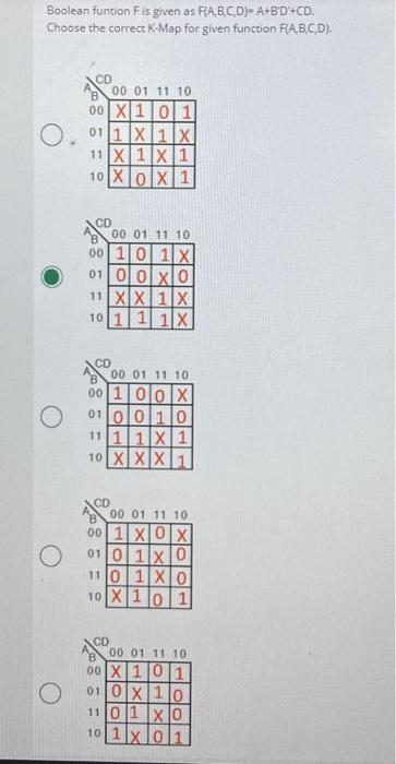 Solved Boolean funtion F is given as F(A,B,C,D)= A+B'D'+CD. | Chegg.com
