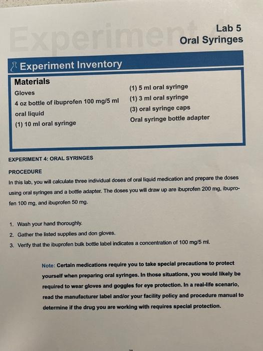 Solved Experime Lab 5 Oral Syringes Experiment Inventory | Chegg.com