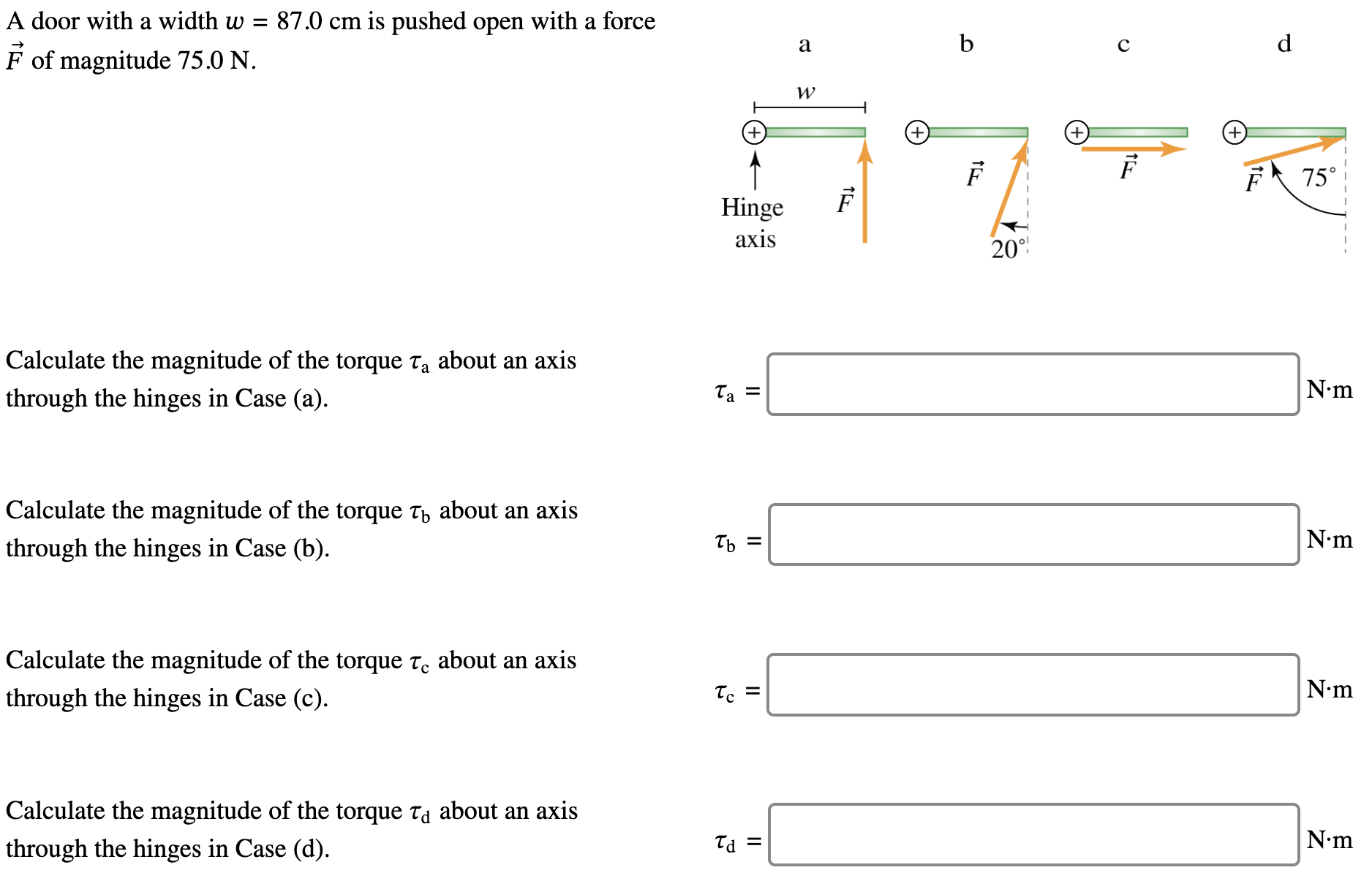 Solved A door with a width w=87.0cm is ﻿pushed open with a | Chegg.com