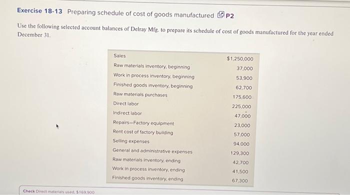 Solved Exercise 18-13 Preparing schedule of cost of goods | Chegg.com