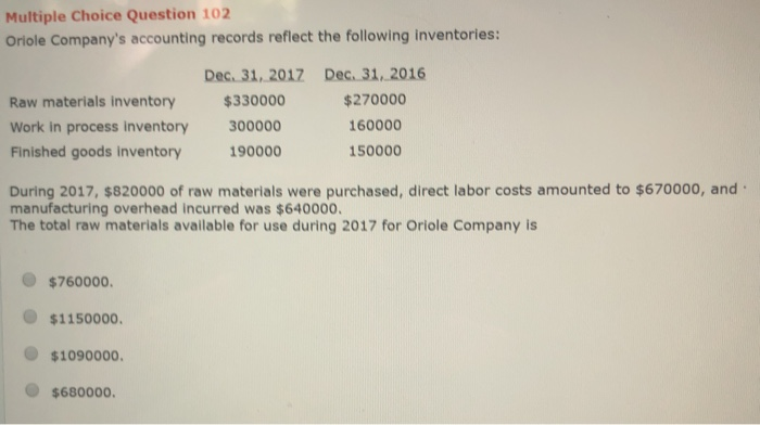 Solved Multiple Choice Question 102 Oriole Company's | Chegg.com