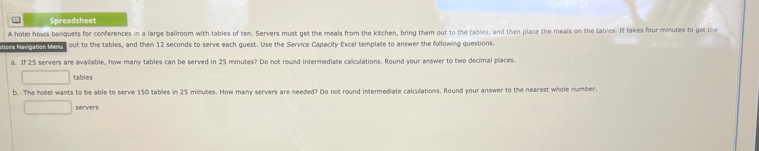 Solved Spreadsheet stions Navigation Menu out to the tables, | Chegg.com