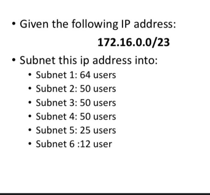 Solved Given the following IP address: 172.16.0.0/23 • | Chegg.com