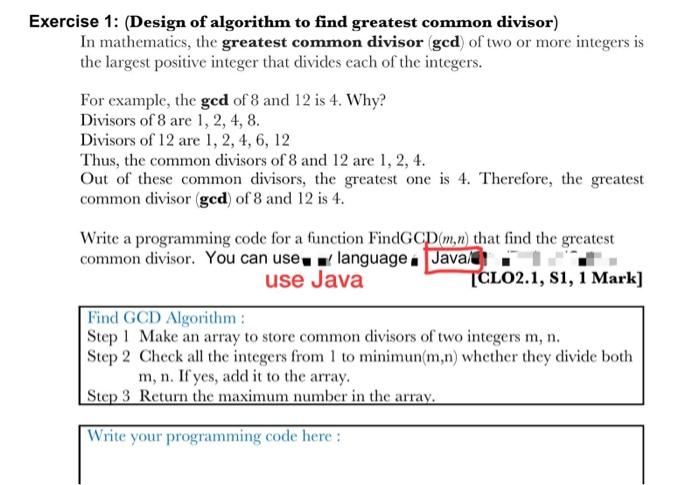 Solved Exercise 1: (Design of algorithm to find greatest | Chegg.com