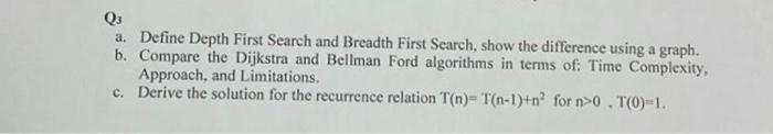 Solved Q3 a. Define Depth First Search and Breadth First | Chegg.com
