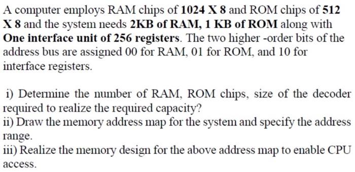 Solved A computer employs RAM chips of 1024 X 8 and ROM | Chegg.com